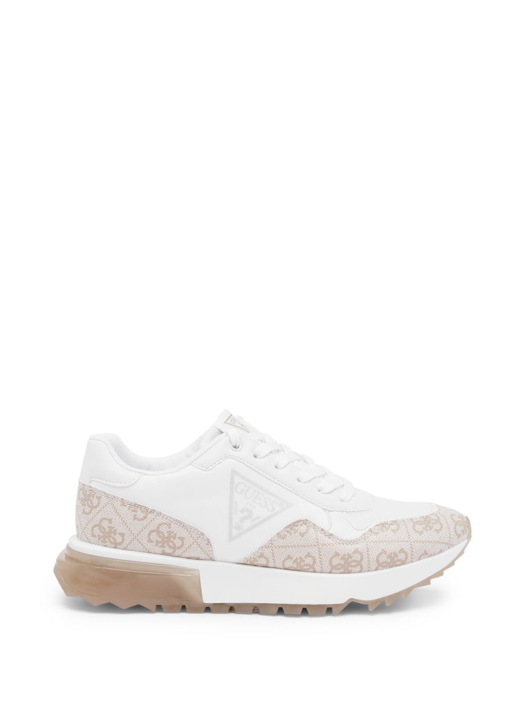 White and Taupe Melany Logo Sneakers | GUESS Women's Shoes