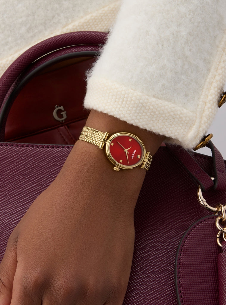 Gold Ruby Red Dial Mesh Watch | GUESS