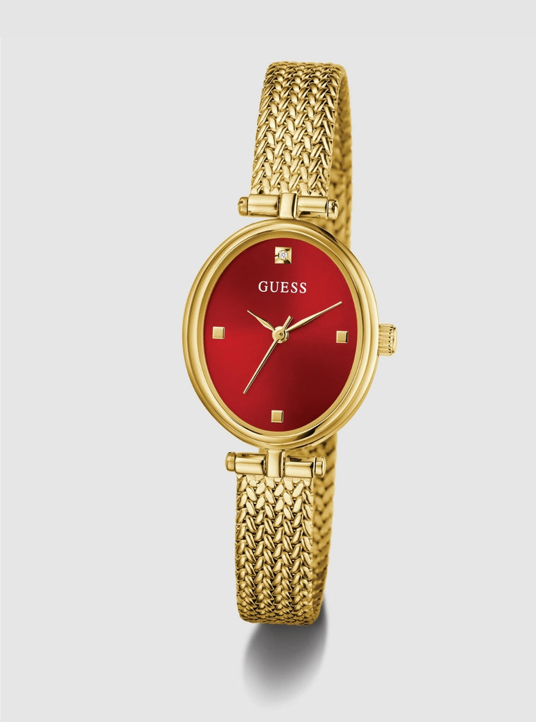 Gold Ruby Red Dial Mesh Watch | GUESS