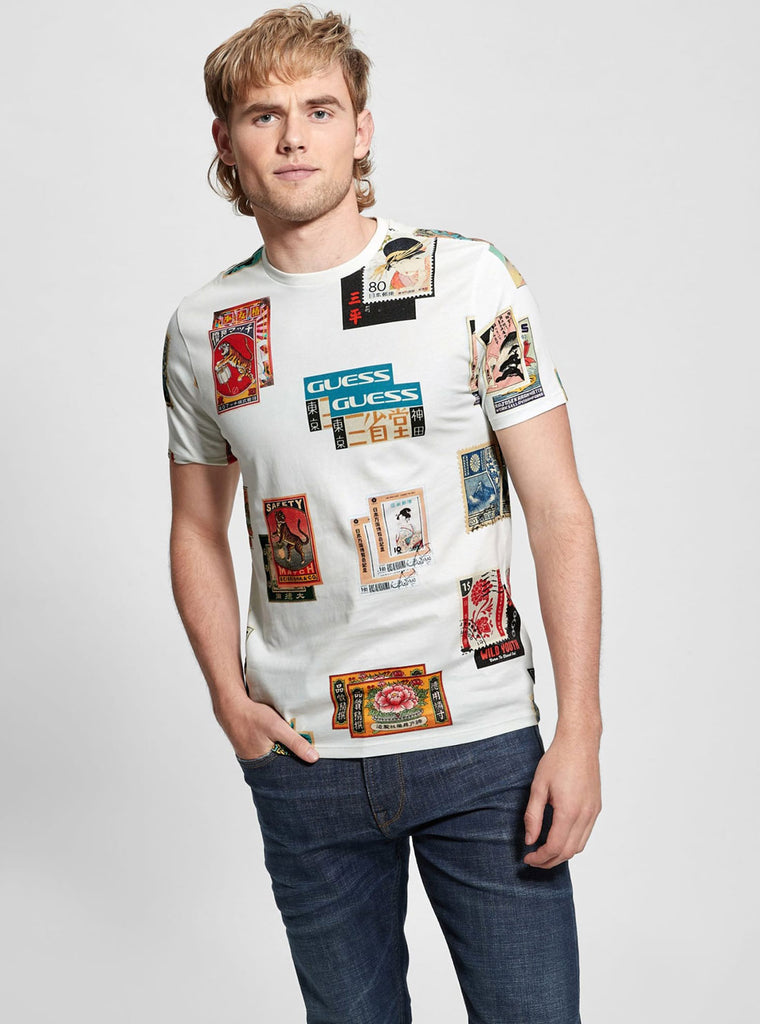 White Short Sleeve Stamp T-Shirt | GUESS