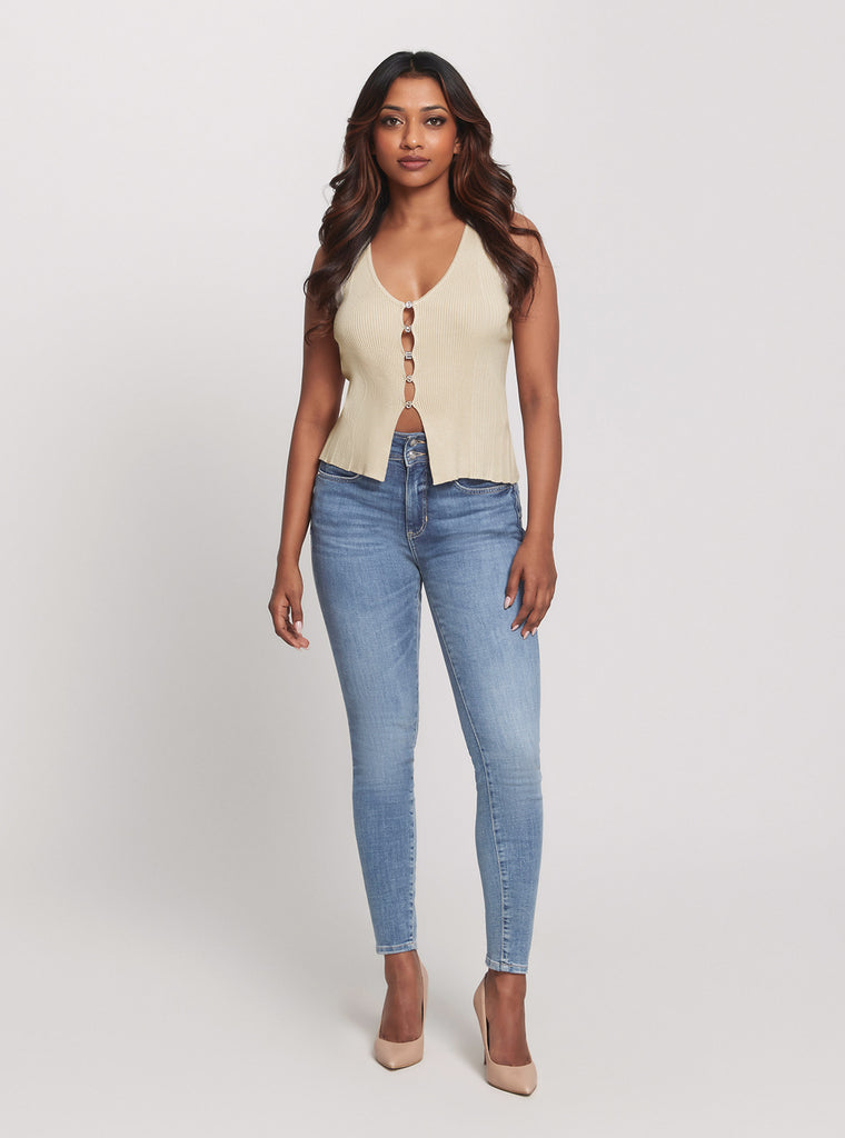 Eco Beige Alphabet Charm Meghen Knit Top | GUESS