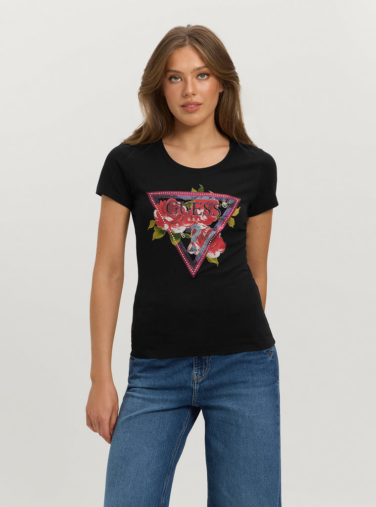 Eco Black Roses Logo T-Shirt - GUESS