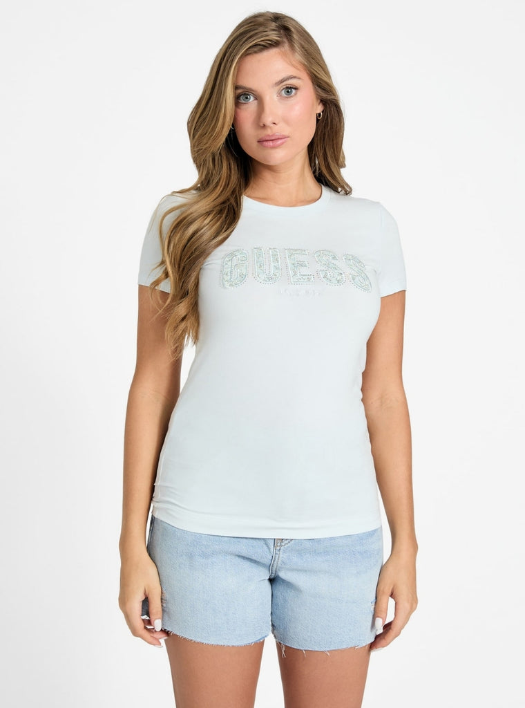 Blue Crew Neck Logo Lace Tee | GUESS