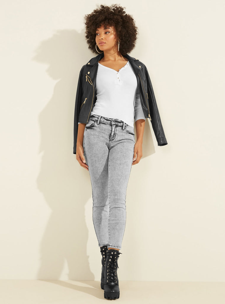 Eco White Rhinestone Logo Henley Top | GUESS